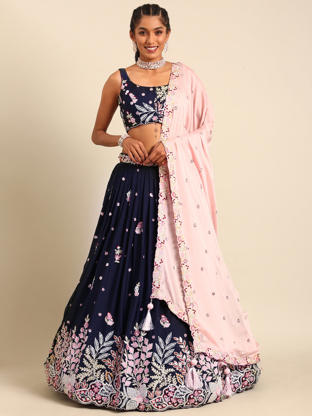 Timeless Elegance Navy Blue Coloured Lehengas with Pink Dupatta - Rent