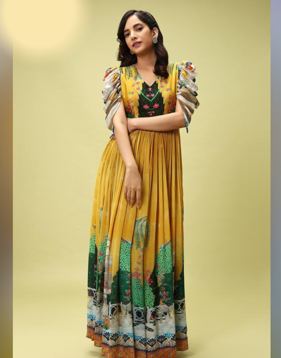 Luxury Yellow Floral Silk Gown Flowing Maxi Dress for Events & Parties
