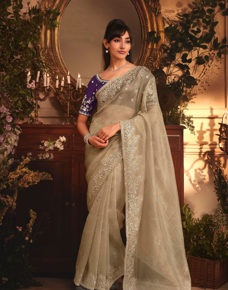 Elegant Beige Organza Saree Intricate Butta Embroidery with Heavy Ston