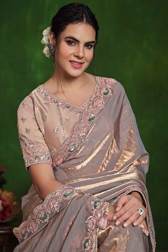 Beige Grey Dual Tone Simmer Satin Silk Dual Sequins with Diamond Work