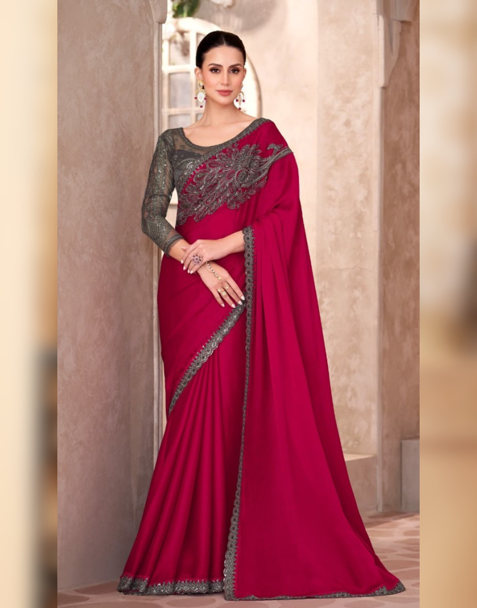 Cherry Red Ethnic Elegance Pure Chiffon Saree with Linen Embroidered B
