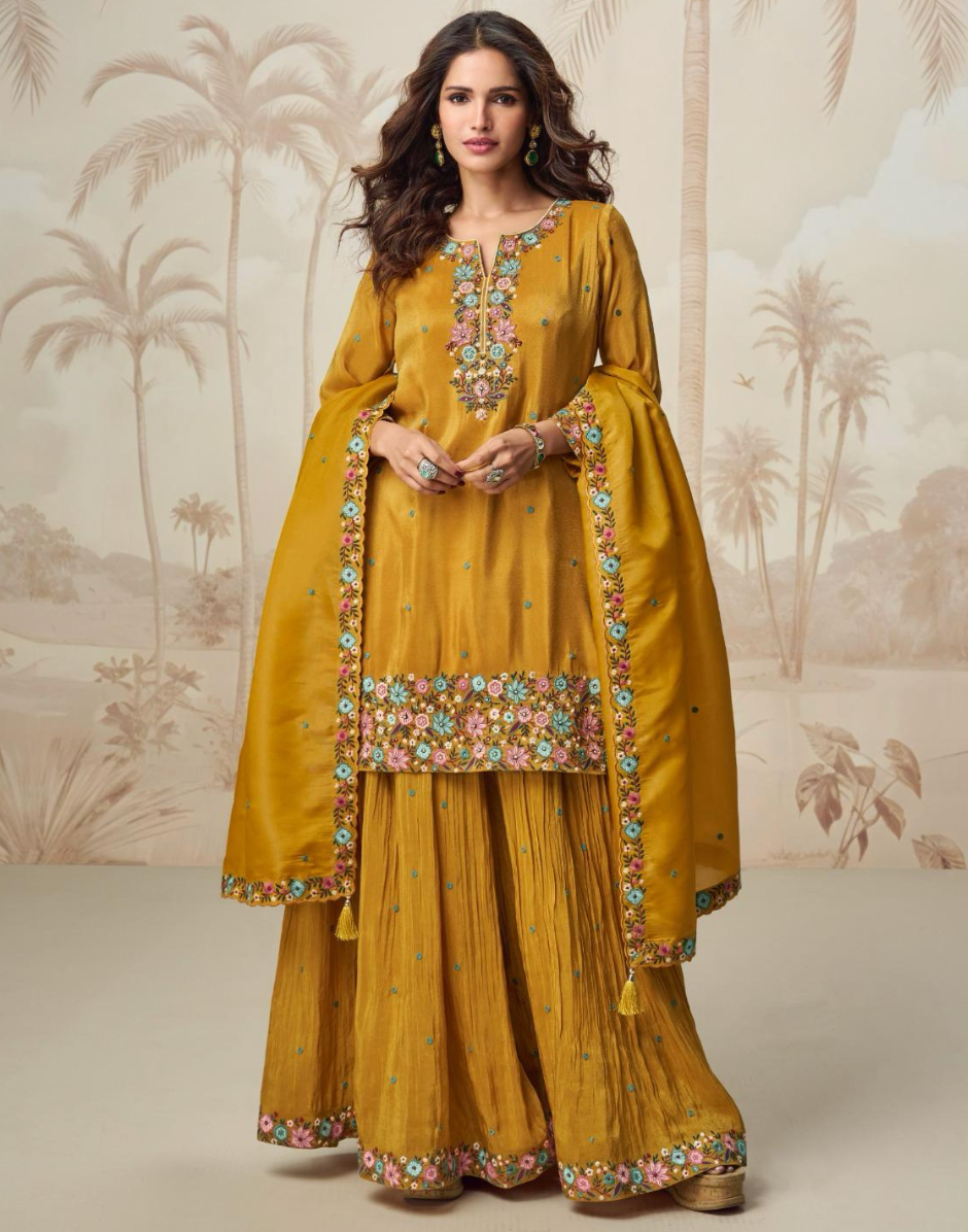 Elegant Mustard Floral Embroidered Organza Shimmer Silk Suit Top, Bott