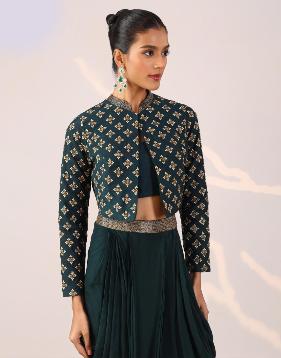 Graceful Dark Green Embroidered Jacket Drape Saree Set Perfect for Cel