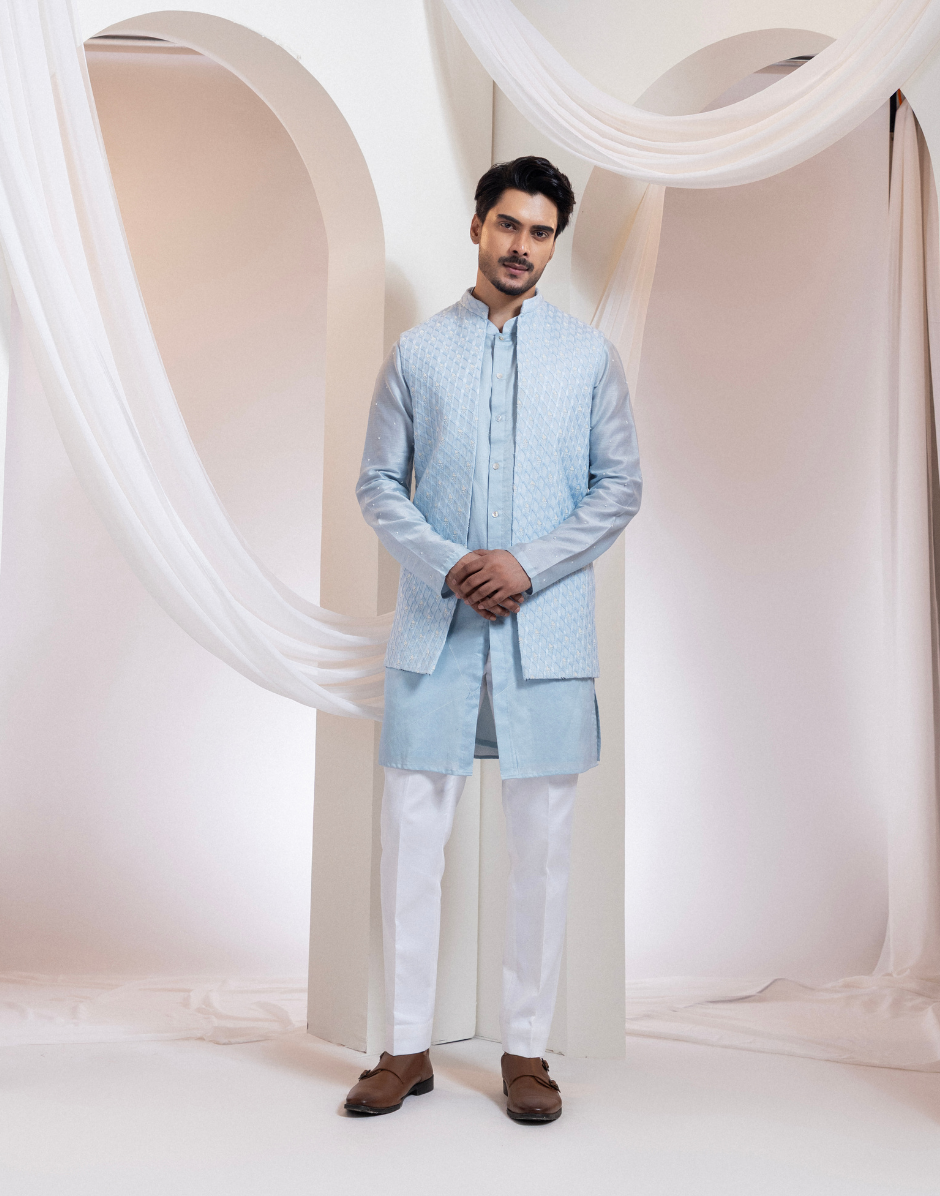 Luxury Sky-Blue Nehru Jacket Set Diamond-Textured Beadwork with Chanda