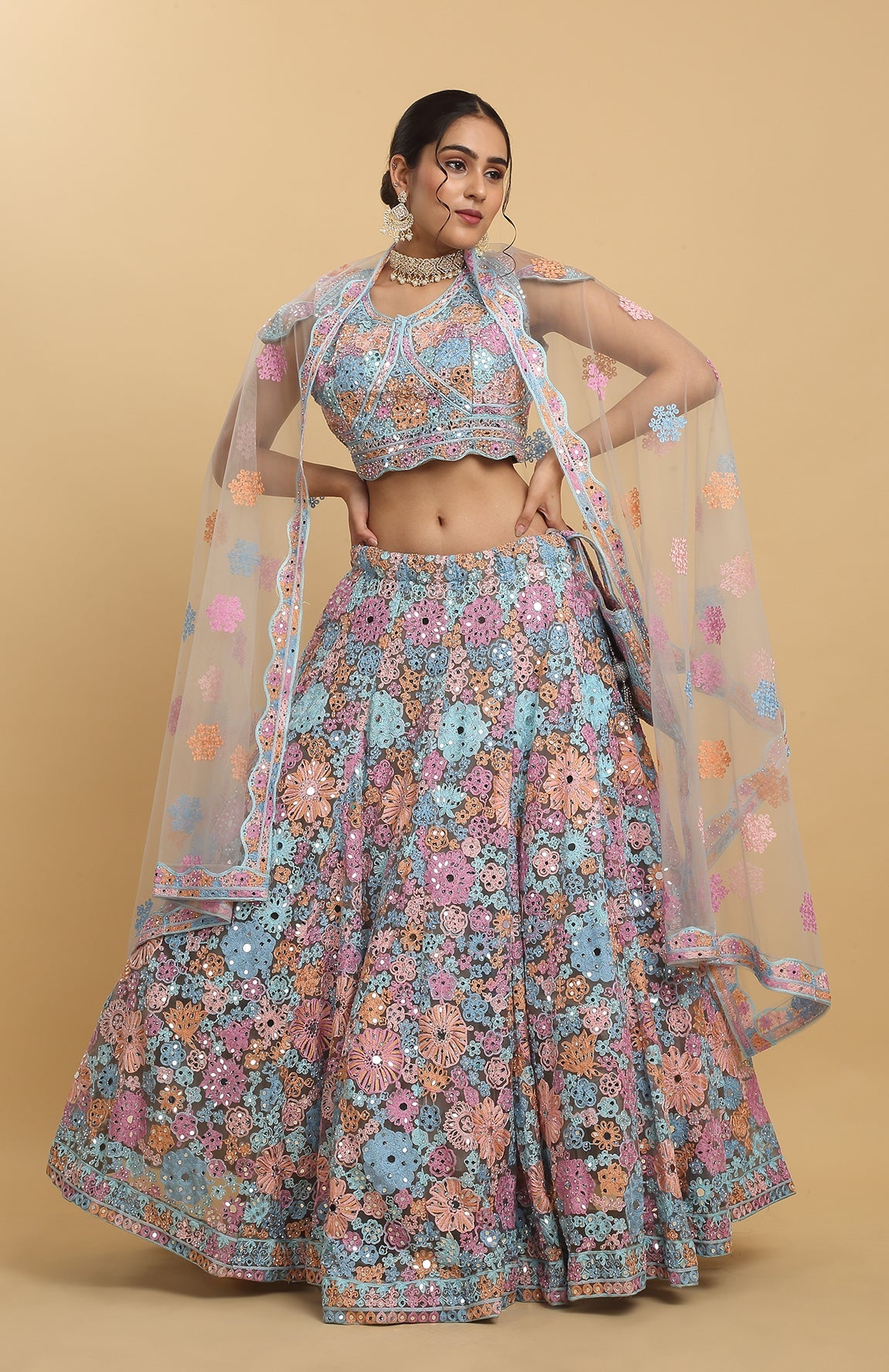 Multi Color Net Lehenga Bahaara Embroidered Set For Rent