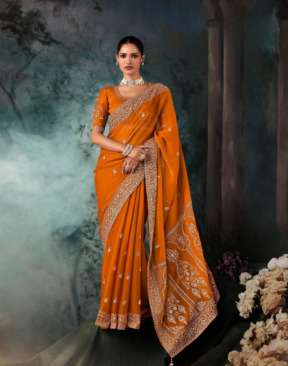 Orange Embroidered Fancy Saree Aari and Handwork Accents with Matching