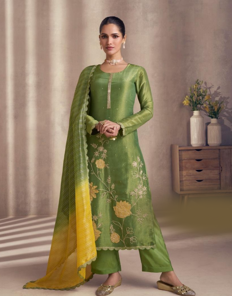 Premium Green Real Simar Silk Embroidered Top with Digital Chinon Silk