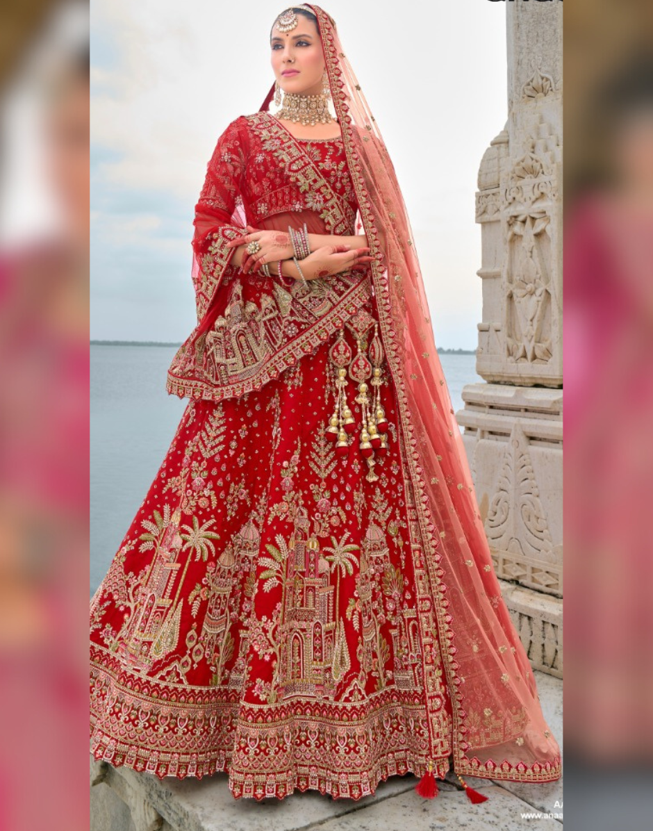 Red Bridal Silk Lehenga with Khatli Handwork Ideal for Weddings & Rece