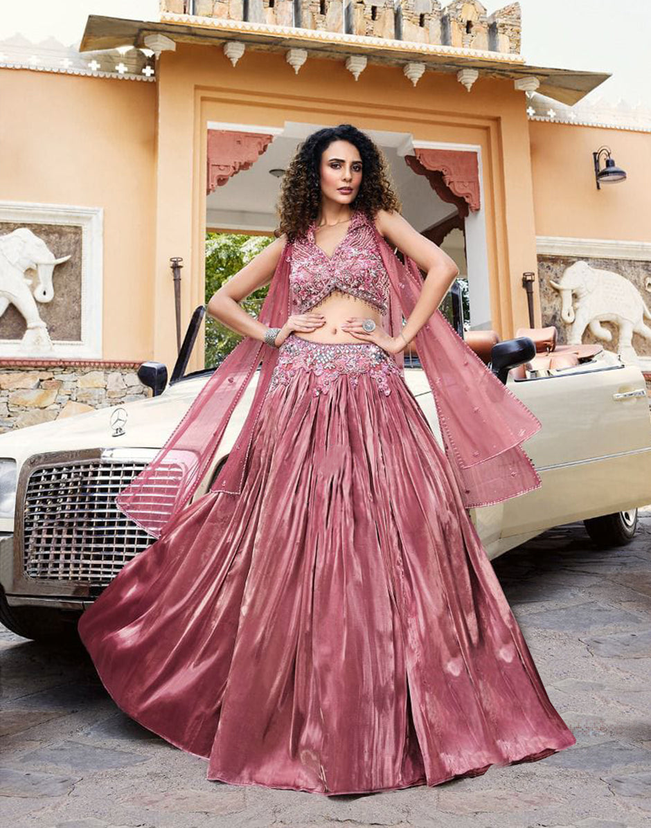Rich Rosy Brown Sequins Embroidered Lehenga Blouse Dupatta Ensemble