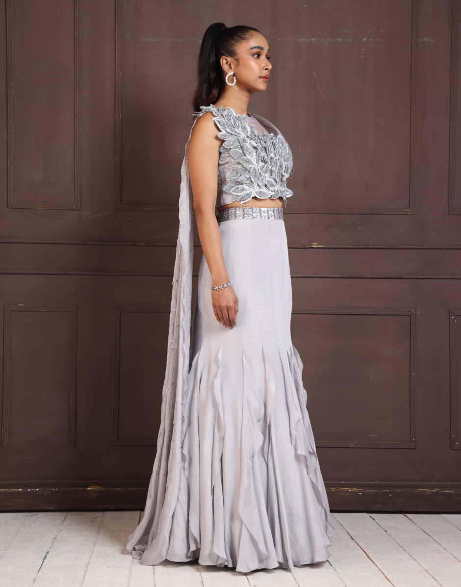 Silver Petal Embellished Lehenga Set
