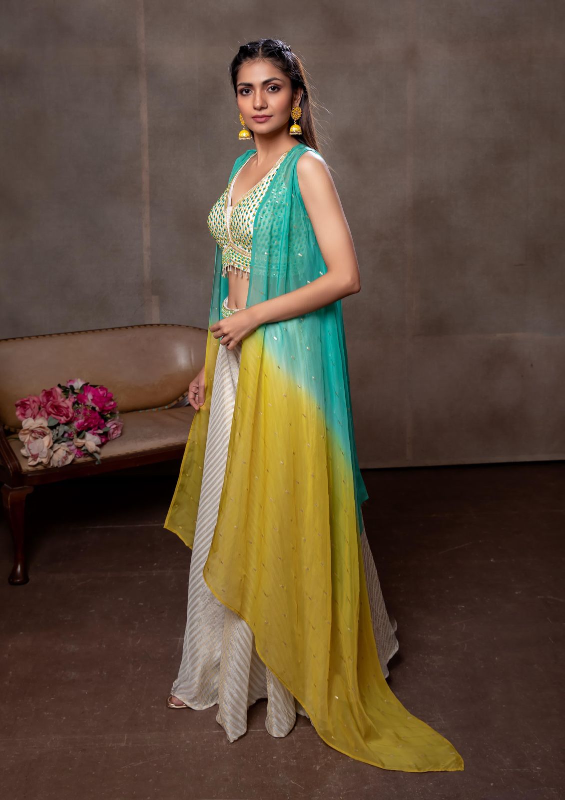 The Chromatic Set Multicolour Crop Top Bottom Jacket Set