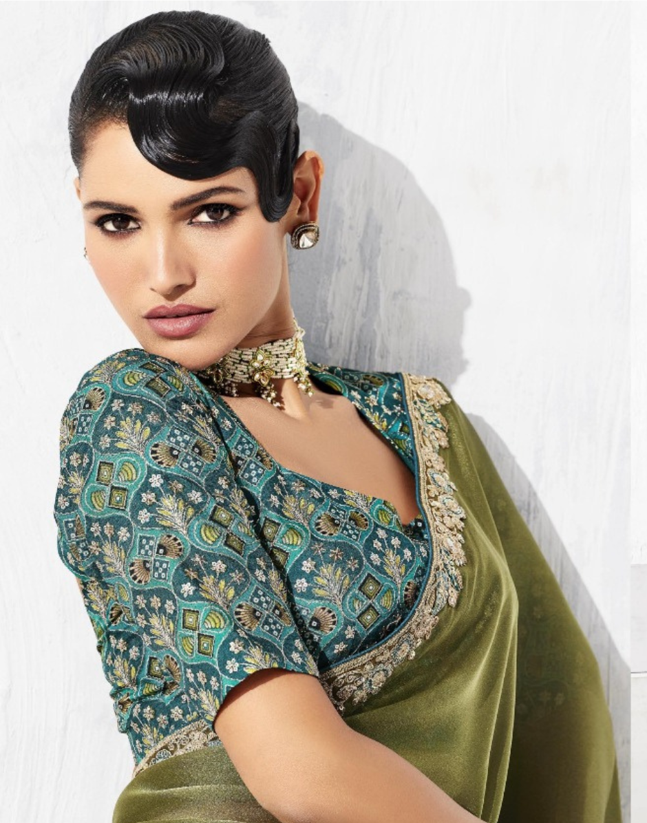 Traditional with a Twist Mehendi Green Embroidered Saree & Printed Blo