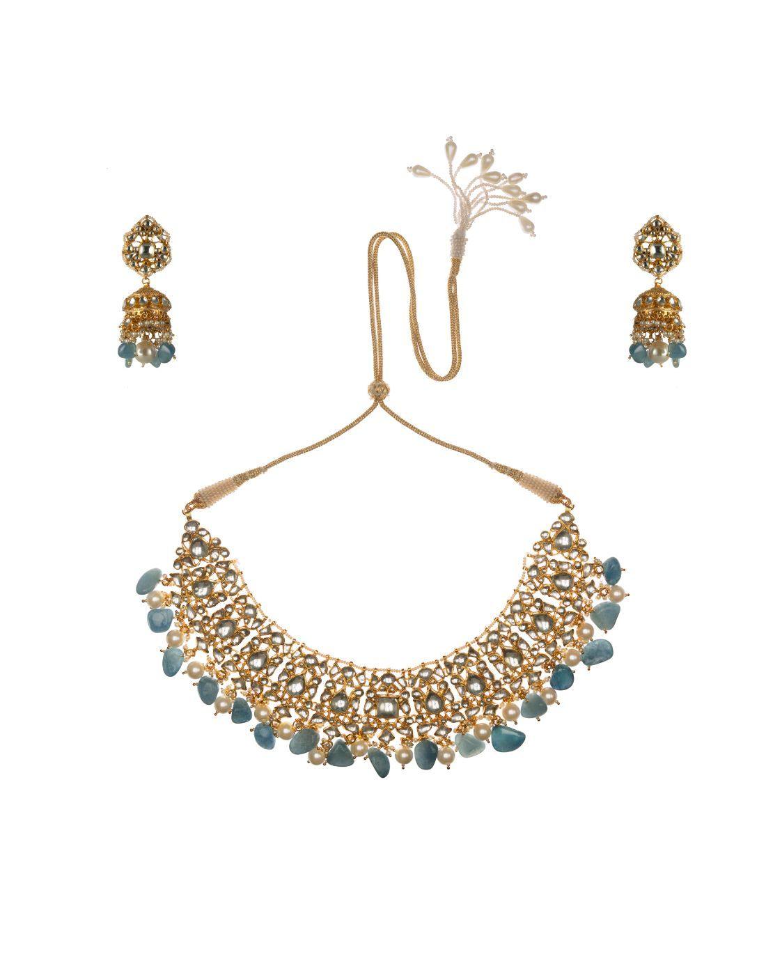 Blue Color Jewelry -GOLD PLATED BLUE AND WHITE CHOKER NECKLACE SET